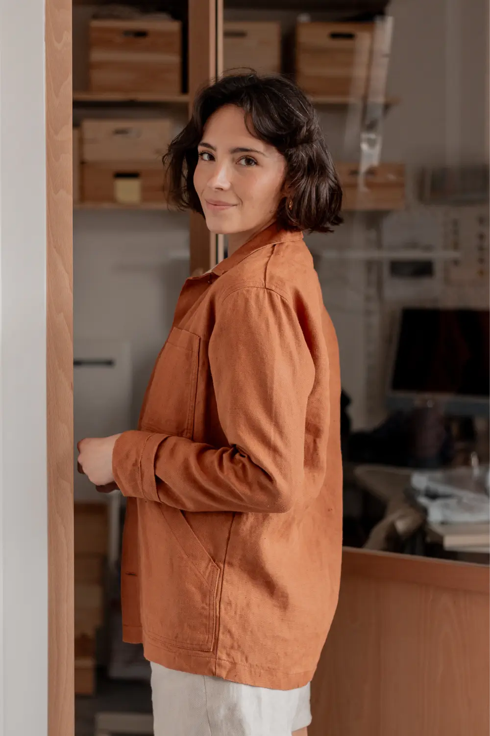 Veste De Travail Caramel En Lin Femme Mijuin