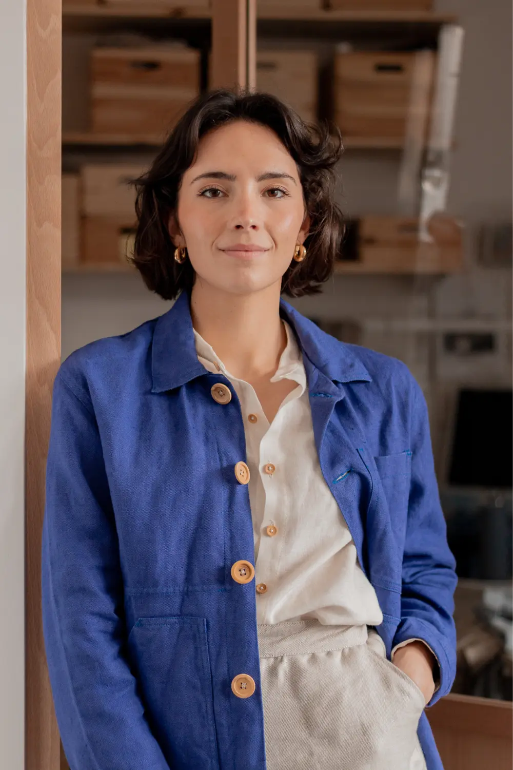 Veste De Travail Bleue En Lin Femme Mijuin